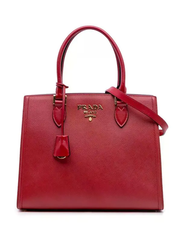 Prada Soft Calf Trimmed Saffiano Convertible Tote Satchel - Red