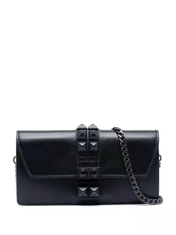 Prada 2013-2025 City Calfskin Studded Elektra Clutch With Chain Crossbody Bag - Black