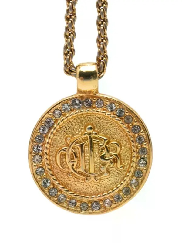 Dior 20th Century Plated Rhinestone Logo Medallion Pendant Necklace Costume Necklace - Gold