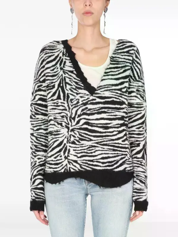 Saint Laurent Zebra-print V-neck Sweater - White