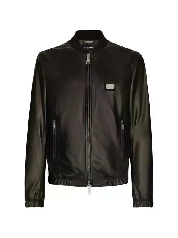 Dolce & Gabbana Leather Jacket With Branded Tag - Black