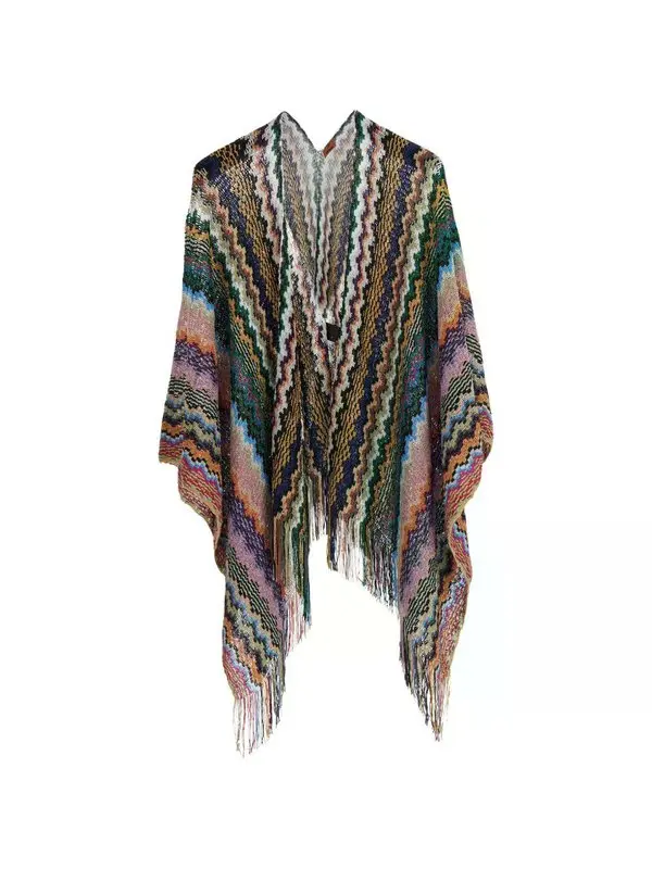 Missoni Zigzag-pattern Fringed Poncho - Blue