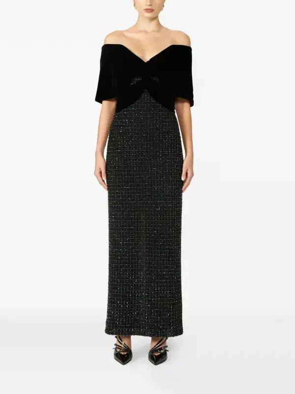Costarellos Grace Beaded Off-shoulder Column Dress