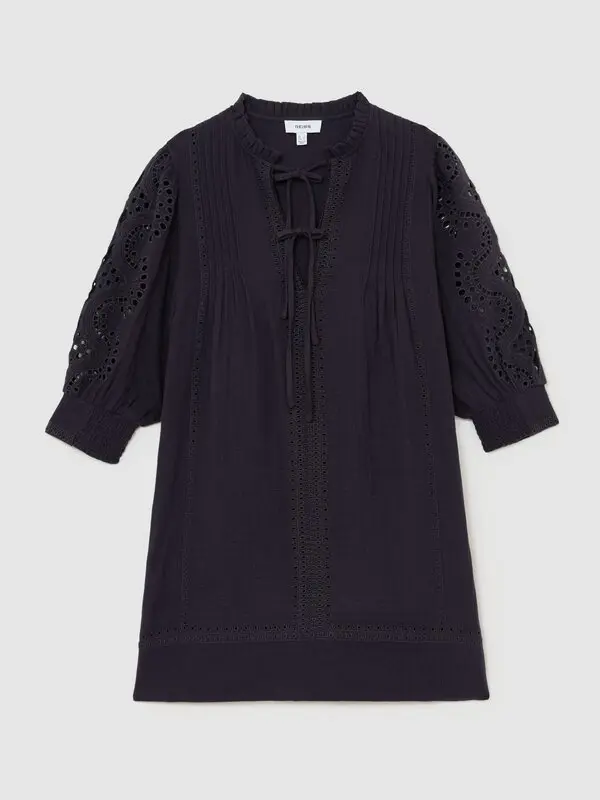 REISS Gia Cotton Cheesecloth Broderie Mini Dress - Navy