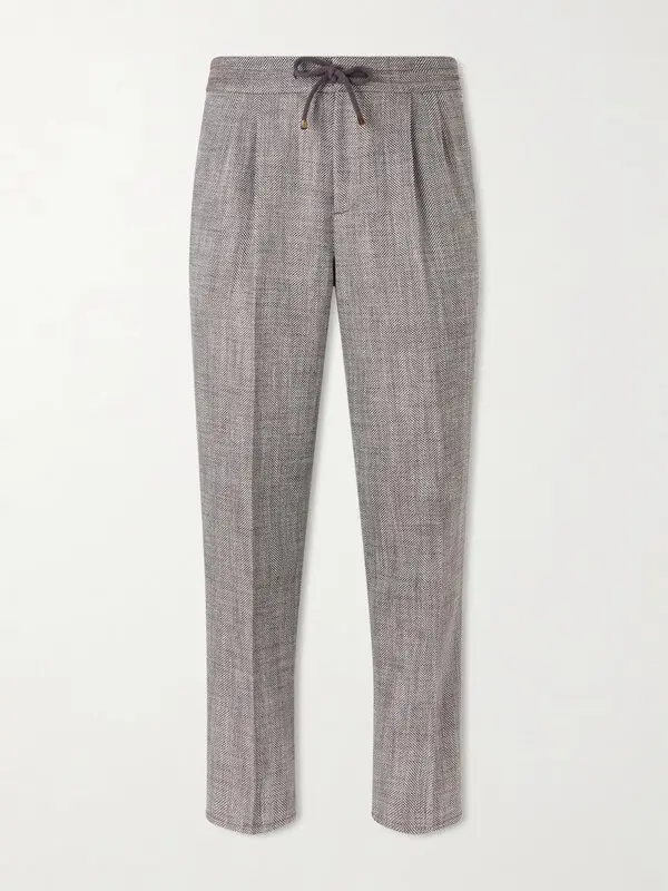 Brunello Cucinelli Straight-leg Pleated Herringbone Trousers - Brown