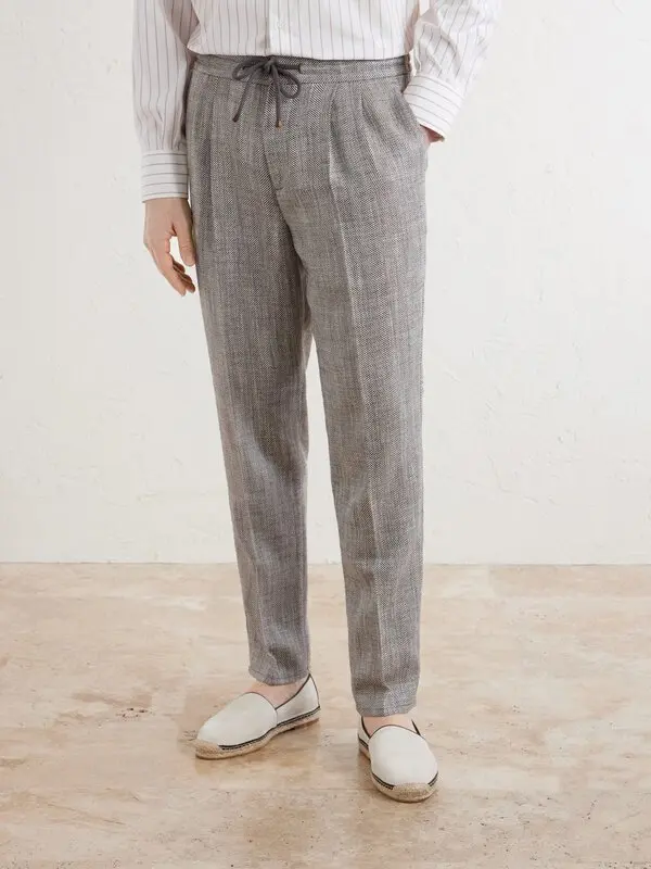 Brunello Cucinelli Straight-leg Pleated Herringbone Trousers - Brown