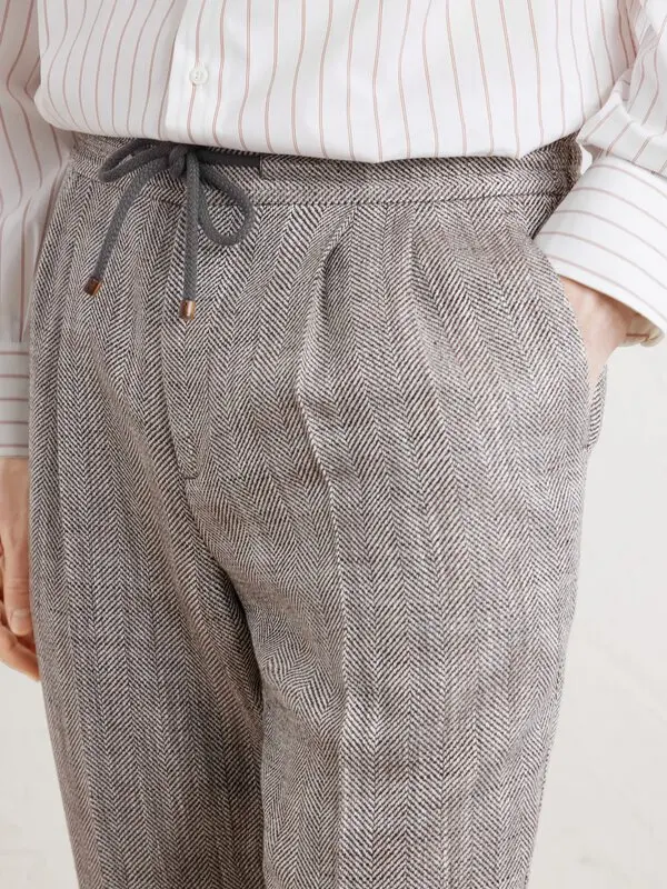 Brunello Cucinelli Straight-leg Pleated Herringbone Trousers - Brown