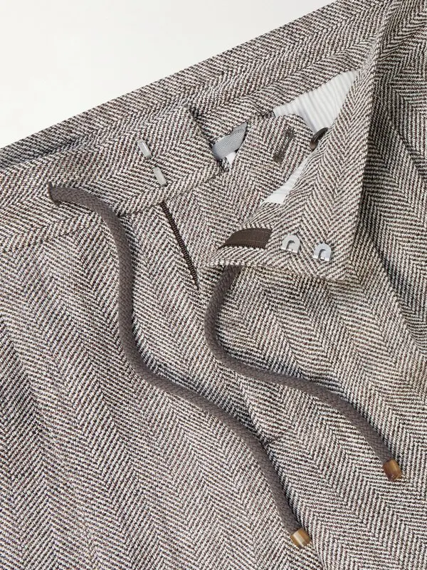 Brunello Cucinelli Straight-leg Pleated Herringbone Trousers - Brown
