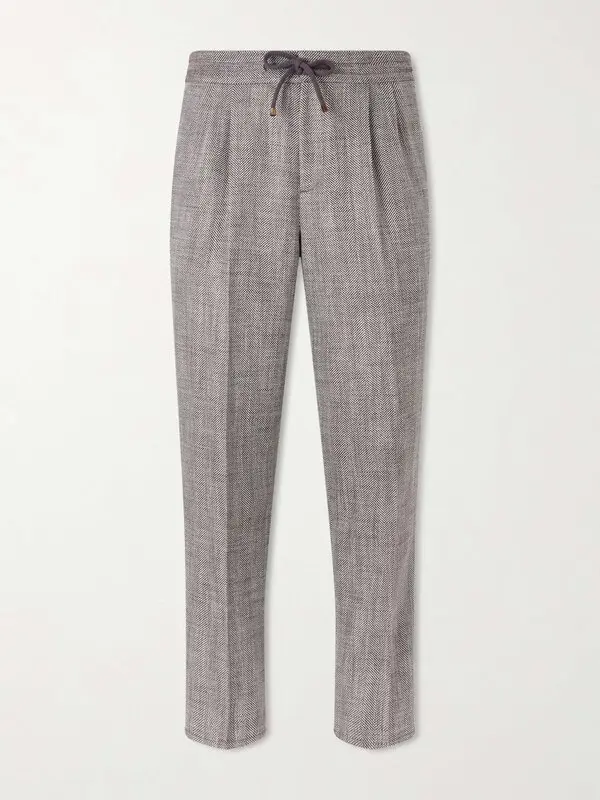 Brunello Cucinelli Straight-leg Pleated Herringbone Trousers - Dark Brown