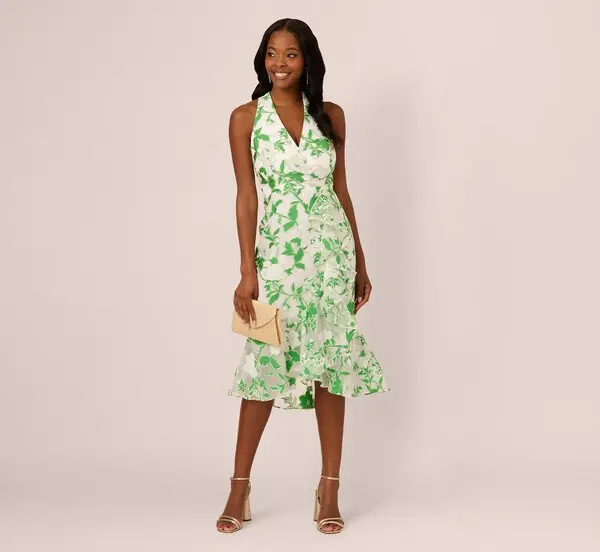 Adrianna Papell Sleeveless Organza Jacquard Mermaid Midi Dress - Green/ivory