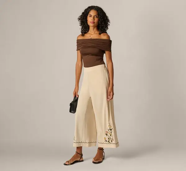 Adrianna Papell Floral Embroidered Wide Leg Pants - Pale Oak