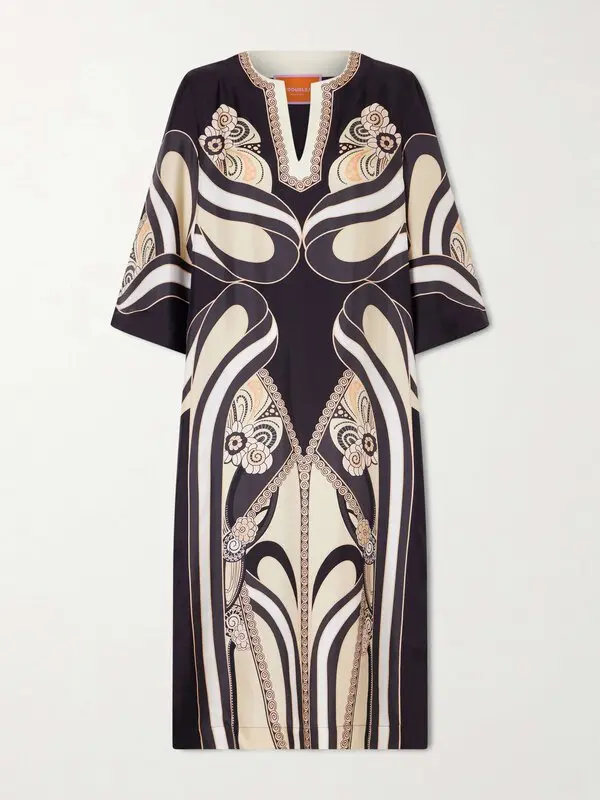 La DoubleJ Printed Silk-twill Midi Dress - Navy