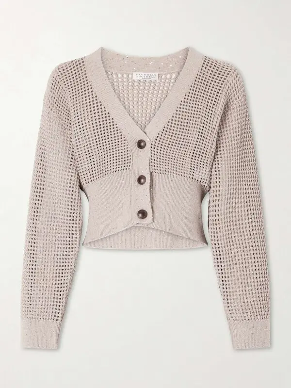 Brunello Cucinelli Sequin-embellished Open-knit Cardigan - Beige