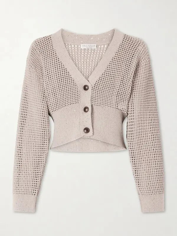 Brunello Cucinelli Sequin-embellished Open-knit Cardigan - Neutrals