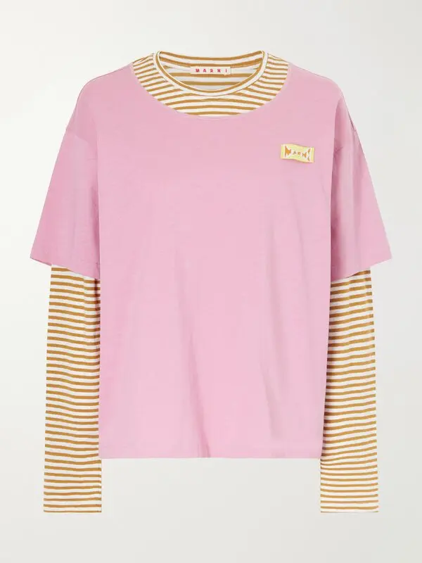 Marni Appliquéd Striped Linen And Cotton-blend T-shirt - Pink