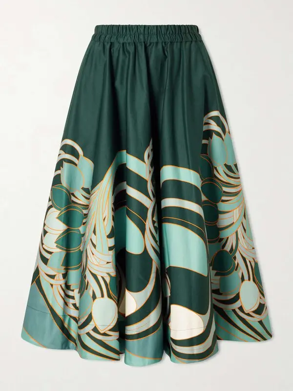 La DoubleJ Ballerina Gathered Printed Midi Skirt - Emerald