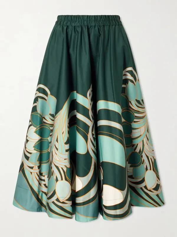 La DoubleJ Ballerina Gathered Printed Midi Skirt - Green