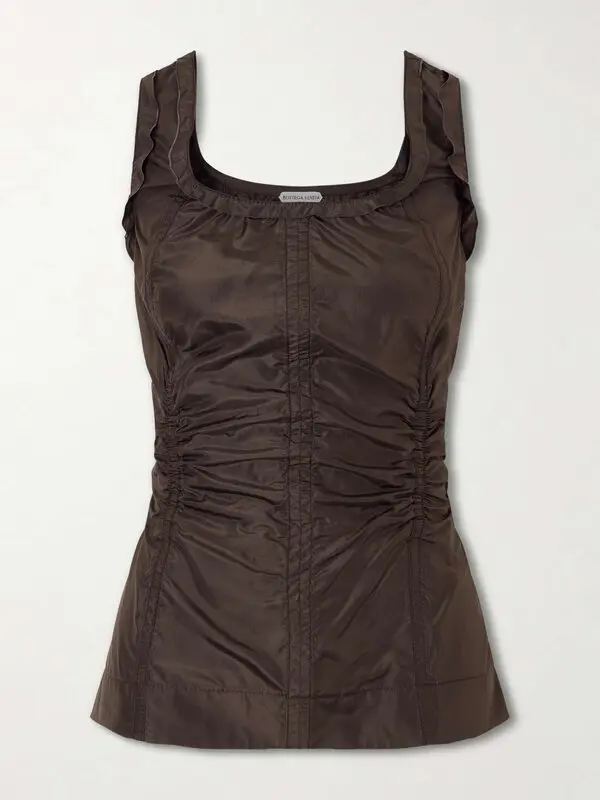 Bottega Veneta Gathered Paneled Silk-taffeta Tank - Dark Brown