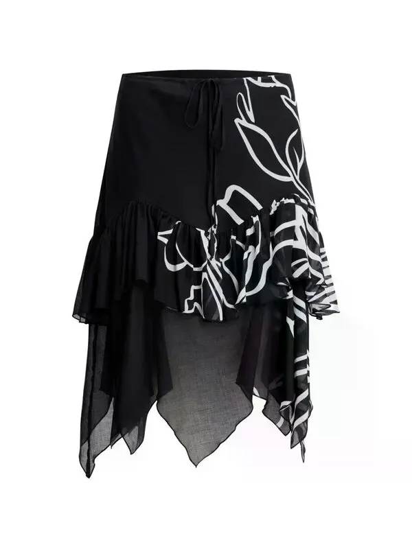 DONDE ESTEBAN Ruffled Floral-print Asymmetrical Midi Skirt