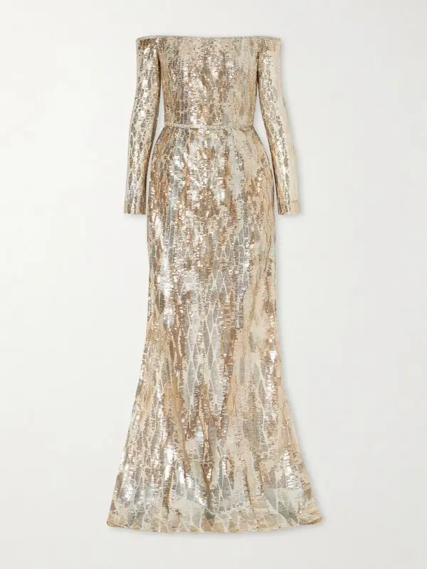 Elie Saab Off-the-shoulder Sequined Silk-blend Gown - Gold