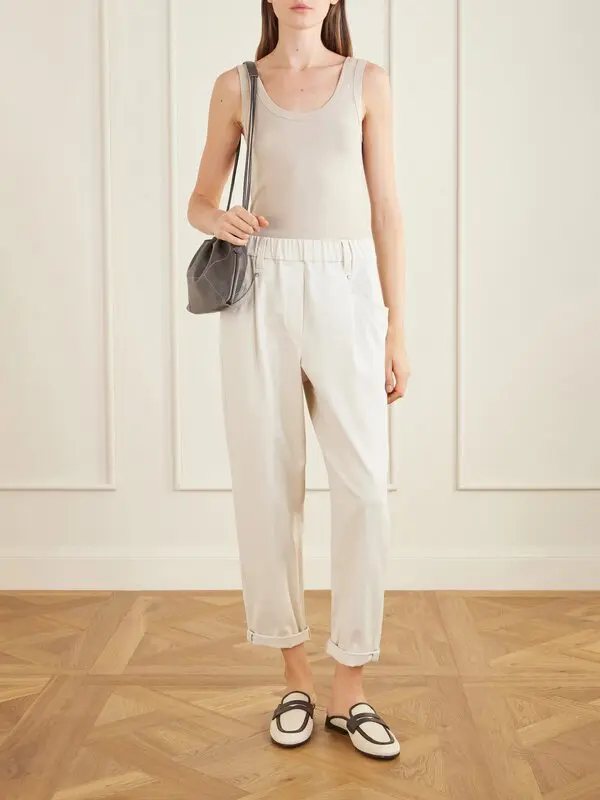 Brunello Cucinelli Tapered Cotton-blend Trousers - Neutrals