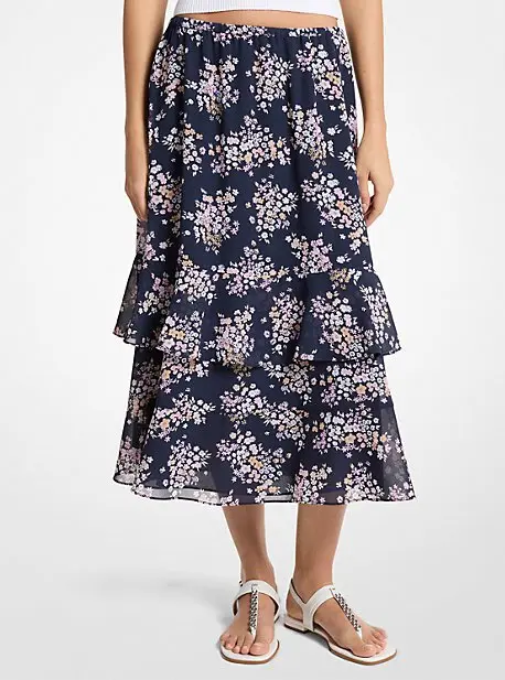 Michael Kors Floral Print Georgette Midi Skirt - Pink