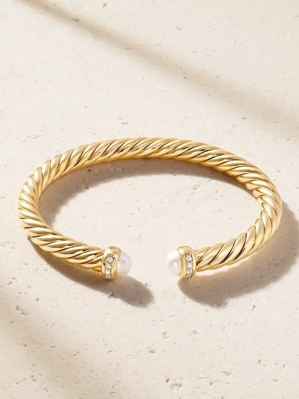 David Yurman Cablespira Flex Diamond And Pearl Cuff - Gold