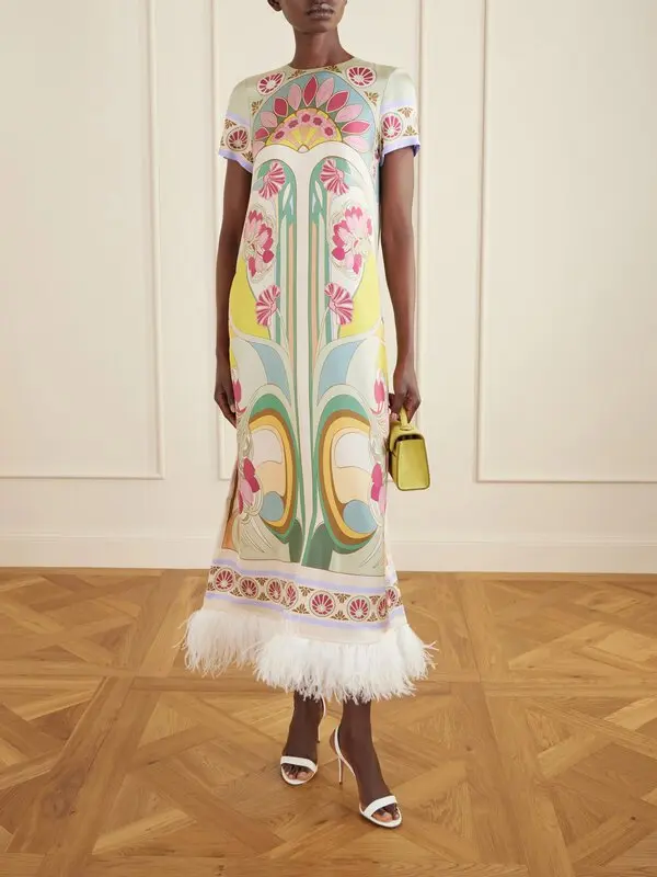 La DoubleJ Swing Feather-trimmed Silk Maxi Dress - Multi
