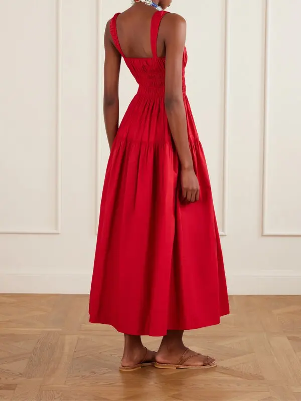 doen marianne dress red DEn Marianne Shirred Cotton-Poplin Midi Dress - Red
