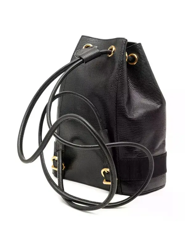 FERRAGAMO Lizard Embossed Leather Vara Bow Drawstring Backpack - Black