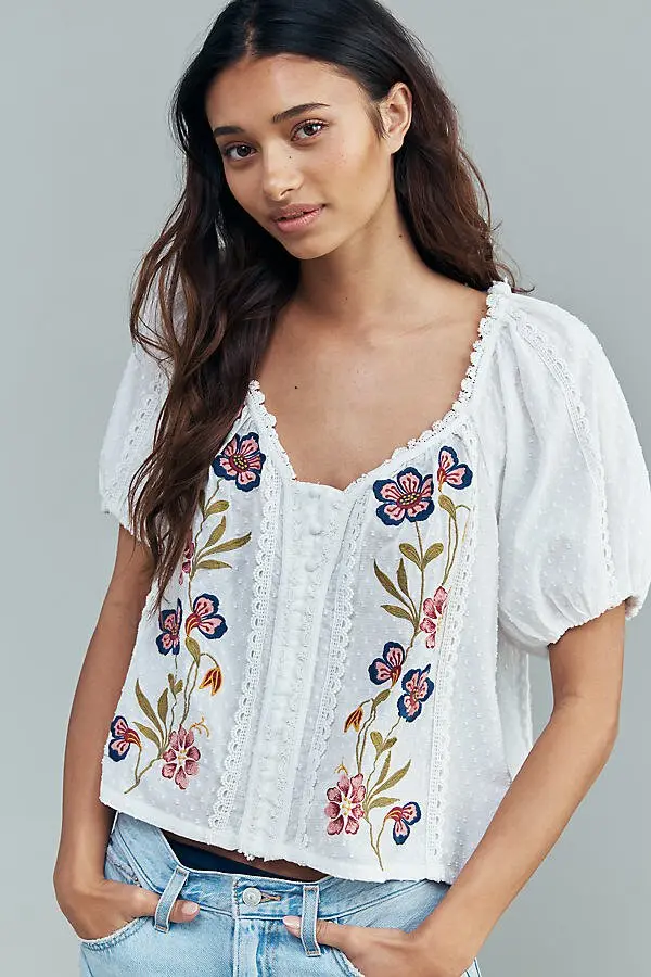 Anthropologie Embroidered Puff-sleeve Blouse - White Floral