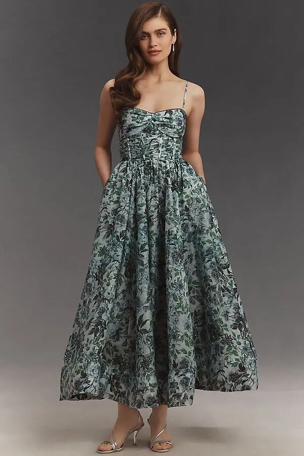 Bhldn Floral Bustier Midi Dress - Blue Pattern