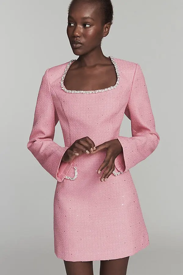 Endless Rose Long-sleeve Square-neck Tweed Mini Dress - Pink