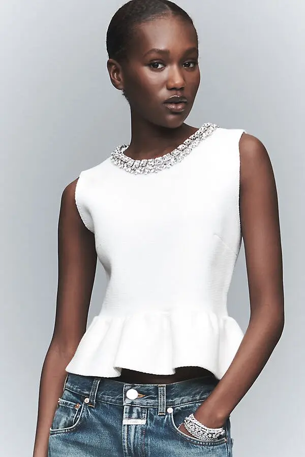 English Factory Rhinestone-embellished Peplum Top - Ivory