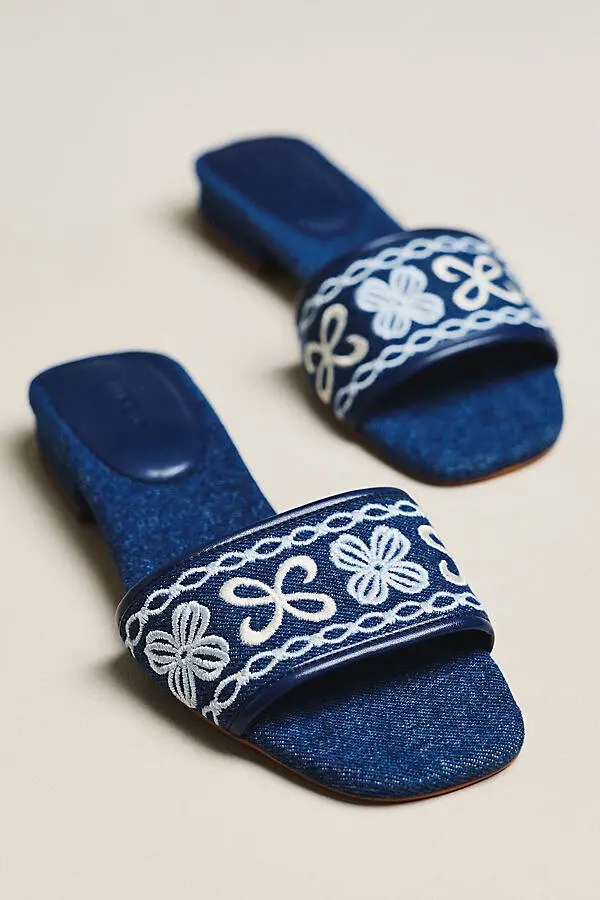 Maeve Embroidered Logo Slide Sandals - Denim/cream