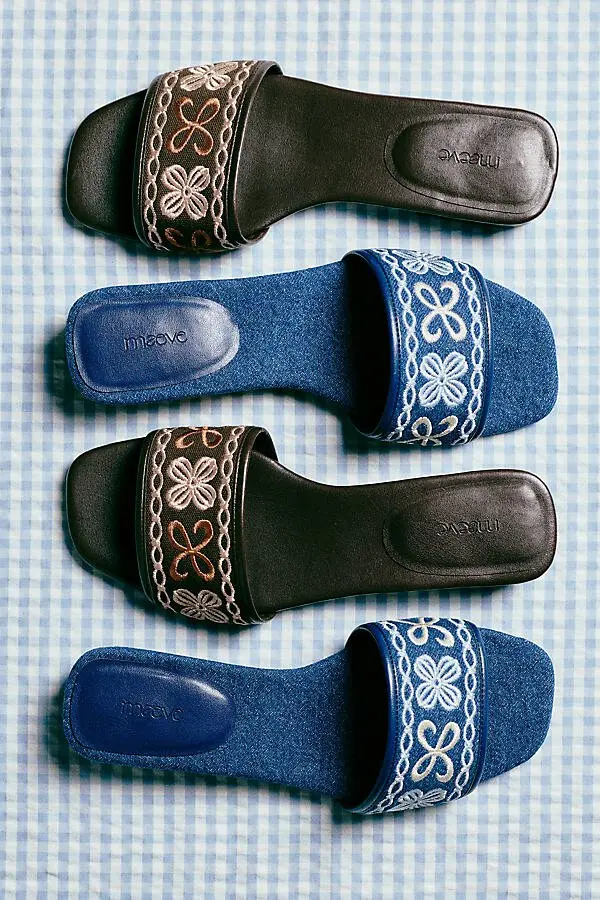 Maeve Embroidered Logo Slide Sandals - Denim/cream