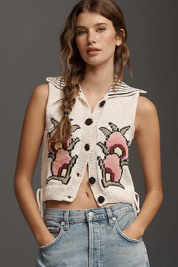 MANDINGA Floral Sleeveless Button-down Sweater - White Multi