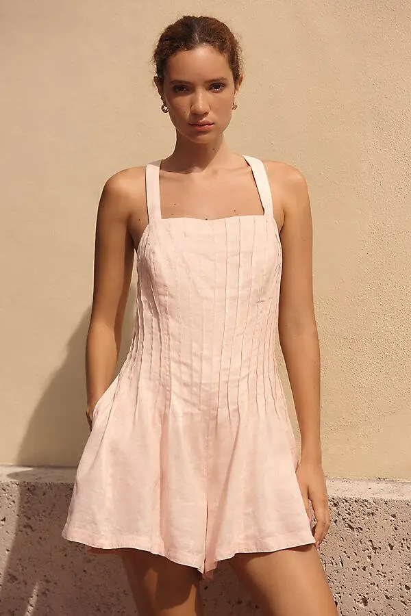Anthropologie Linen Pintuck Romper - Seashell Pink
