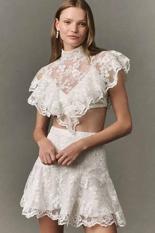 Bhldn Lace Ruffle Mock-neck Top And Mini Skirt Set - White