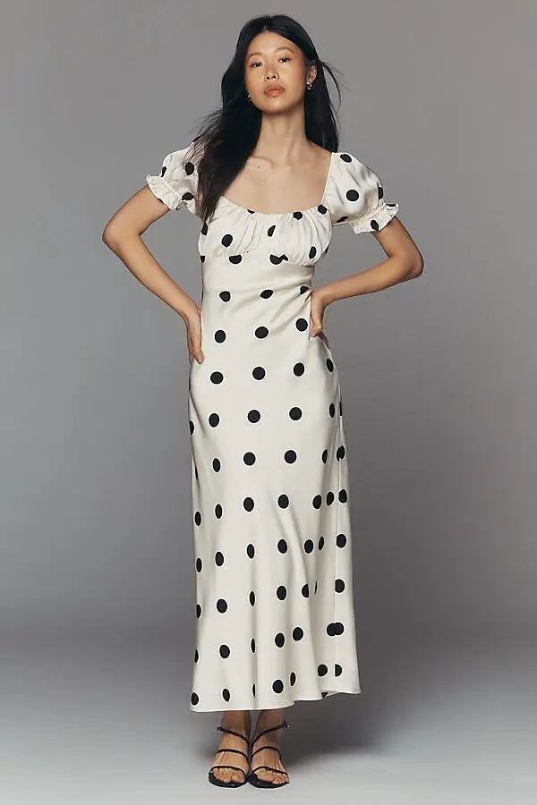 Lulus Keaton Puff-sleeve Midi Dress - Ivory/black Polka Dot