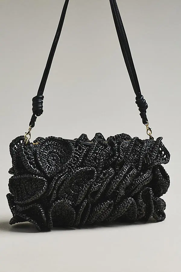Farm Rio Floral Raffia Crochet Shoulder Bag - Black