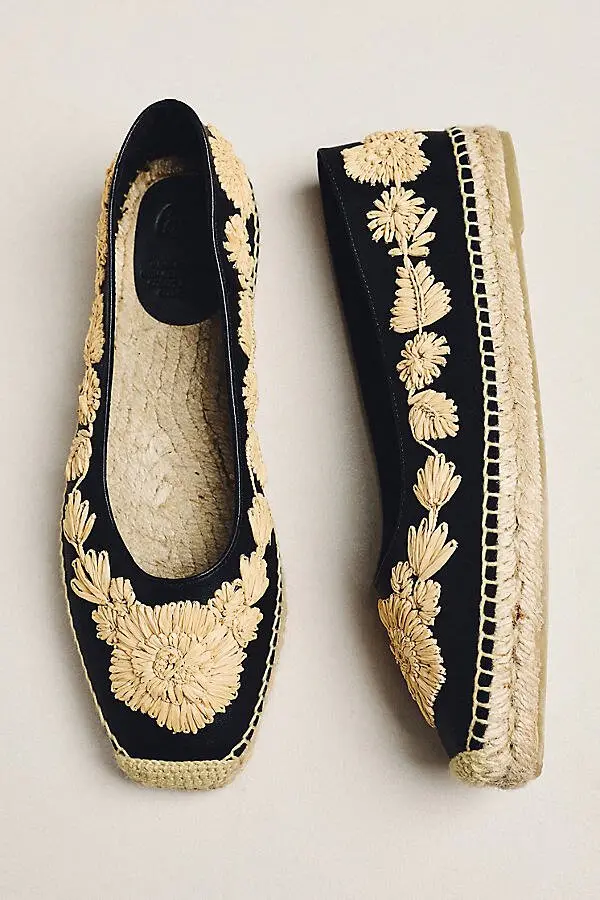 CastaÑer Paris Embroidered Espadrille Flats - Black