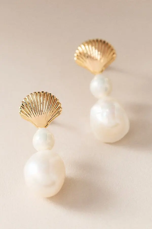 Anthropologie Shell Double Pearl Drop Earrings - Gold