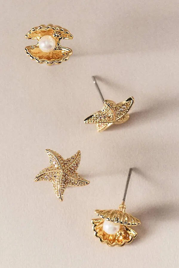 Anthropologie Clam And Starfish Stud Earrings, Set Of 2 - Gold