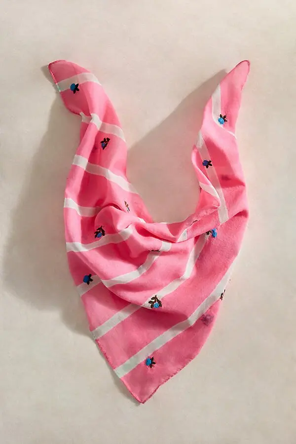 ELIZABETH GILLETT Embroidered Floral Stripe Cotton Bandana - Pink