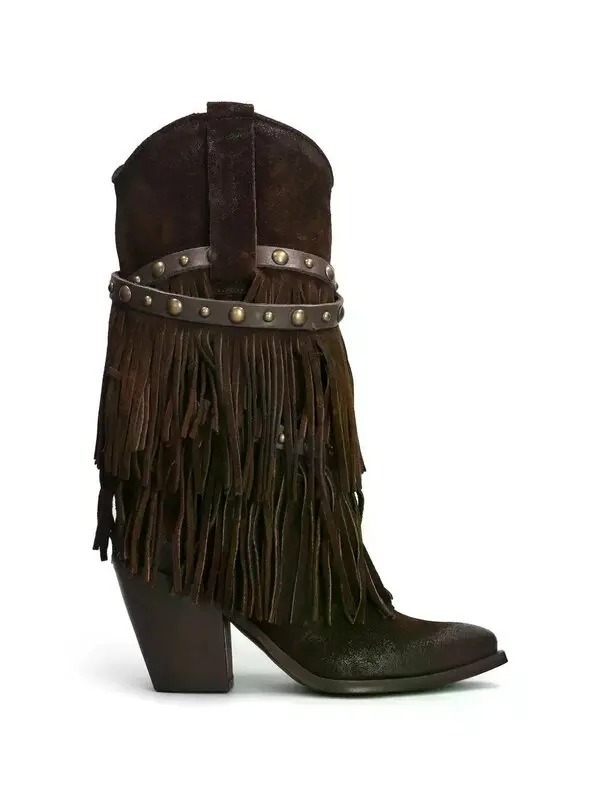 METISSE Studded Fringe Boots - Brown