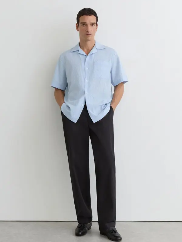 REISS Eclipse Textured Cuban-collar Short-sleeve Shirt - Soft Blue