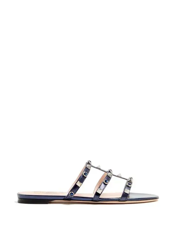 Valentino Garavani Rockstud Cabochon Laminated Nappa Slide Sandals - Blue