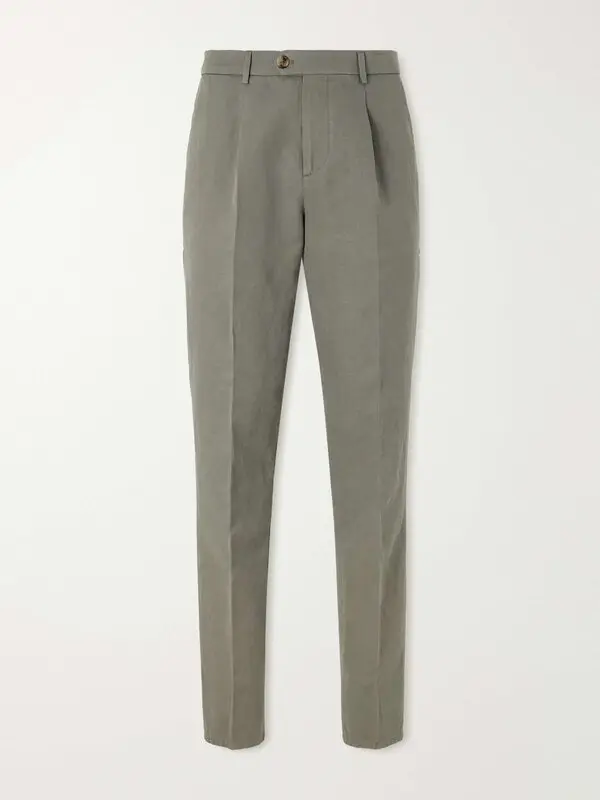 Brunello Cucinelli Straight-leg Pleated Cotton And Linen-blend Trousers - Army Green