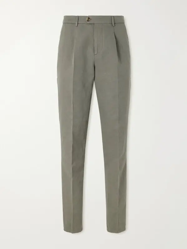 Brunello Cucinelli Straight-leg Pleated Cotton And Linen-blend Trousers - Green